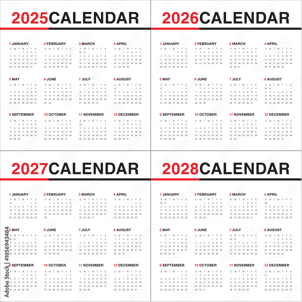 2025 2026 2027 2028 year calendar vector design template Stock Vector ...