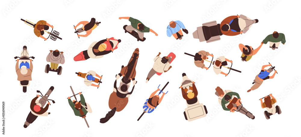 Top down view, people riding vehicles set. Men, women overhead on ...