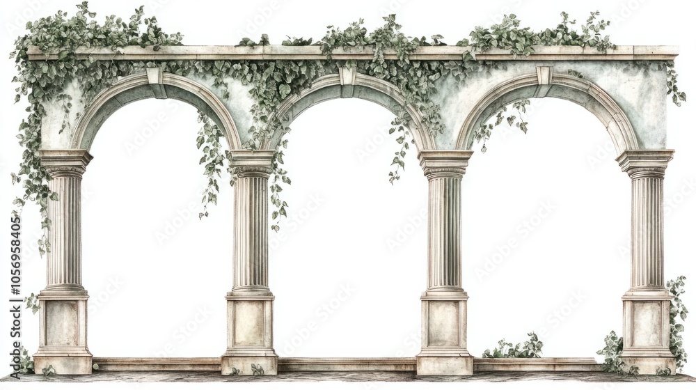 Classical mural wallpaper with Roman-inspired archways and ivy patterns ...