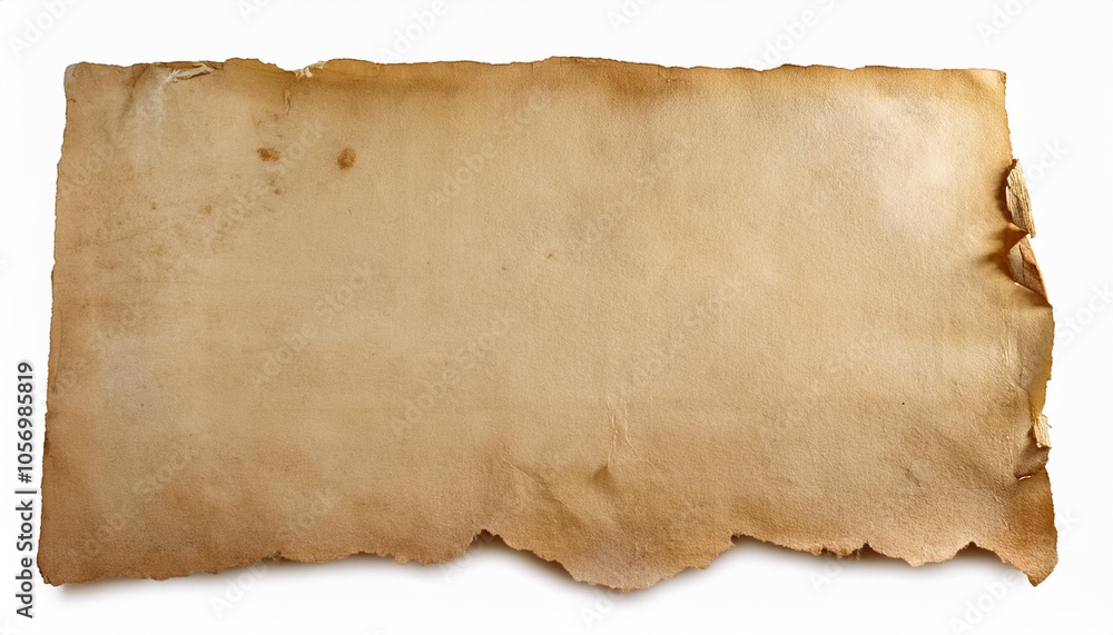 Sheet of old yellowed paper with inclusions, blemishes and uneven torn ...