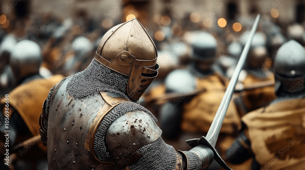 Medieval knight in full armor with sword in hand facing a group of ...