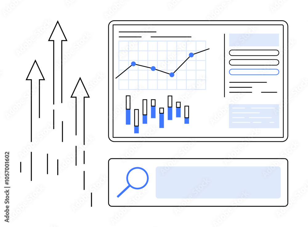 Digital dashboard with a line graph, bar chart, statistics, rising arrows, and a search bar ...