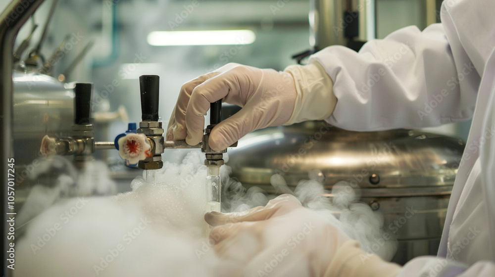 Close-up hand working with liquid nitrogen from cryogenic tank at ...