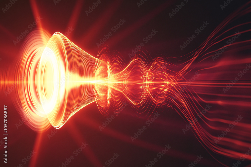 Radiant red energy wave flows with glowing particles in an abstract ...