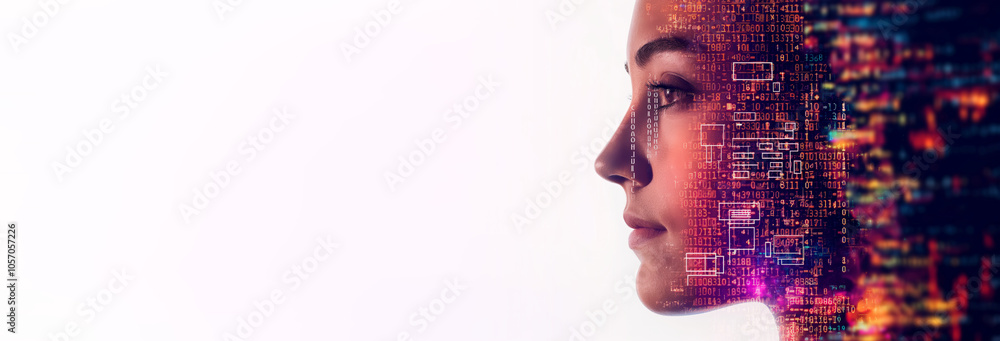 Artificial Intelligence Large Language Model (LLM). Female head with human face matrix digital ...