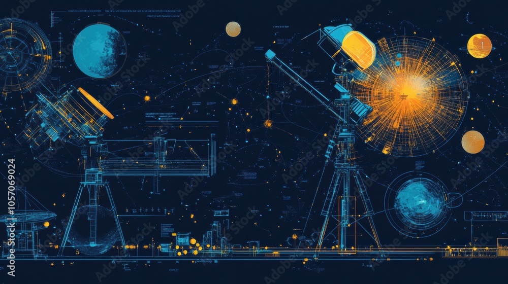Astronomy and engineering vector, depicting telescopes, satellites, and ...