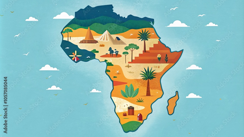 Colorful illustrated map of Africa highlighting diverse landscapes and ...