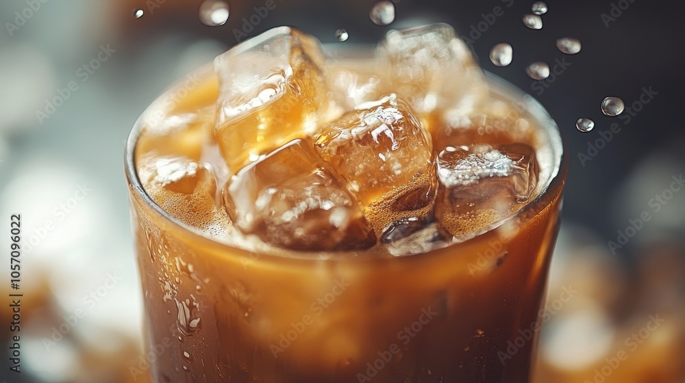 Dynamic close-up of ice cubes clinking in a glass of iced coffee ...