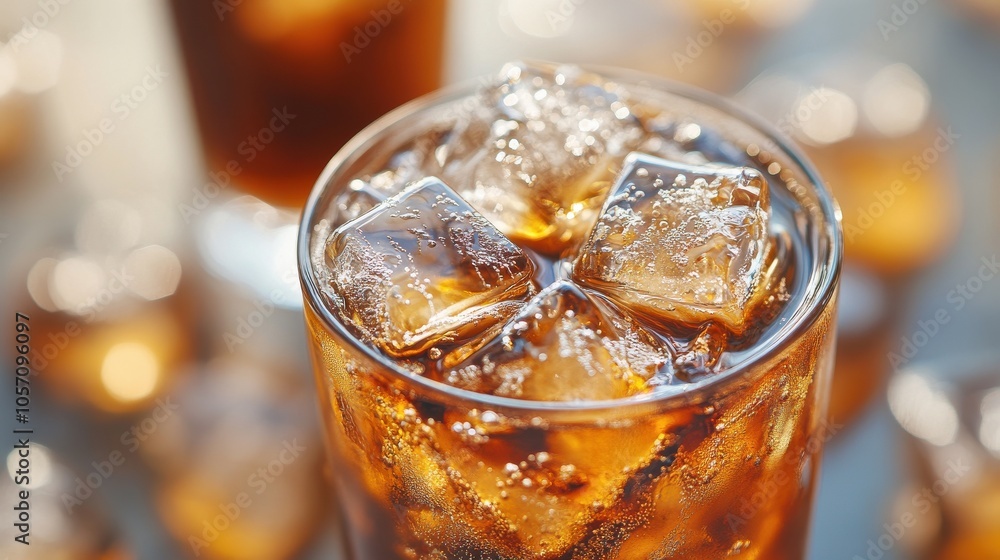 Dynamic close-up of ice cubes clinking in a glass of iced coffee ...