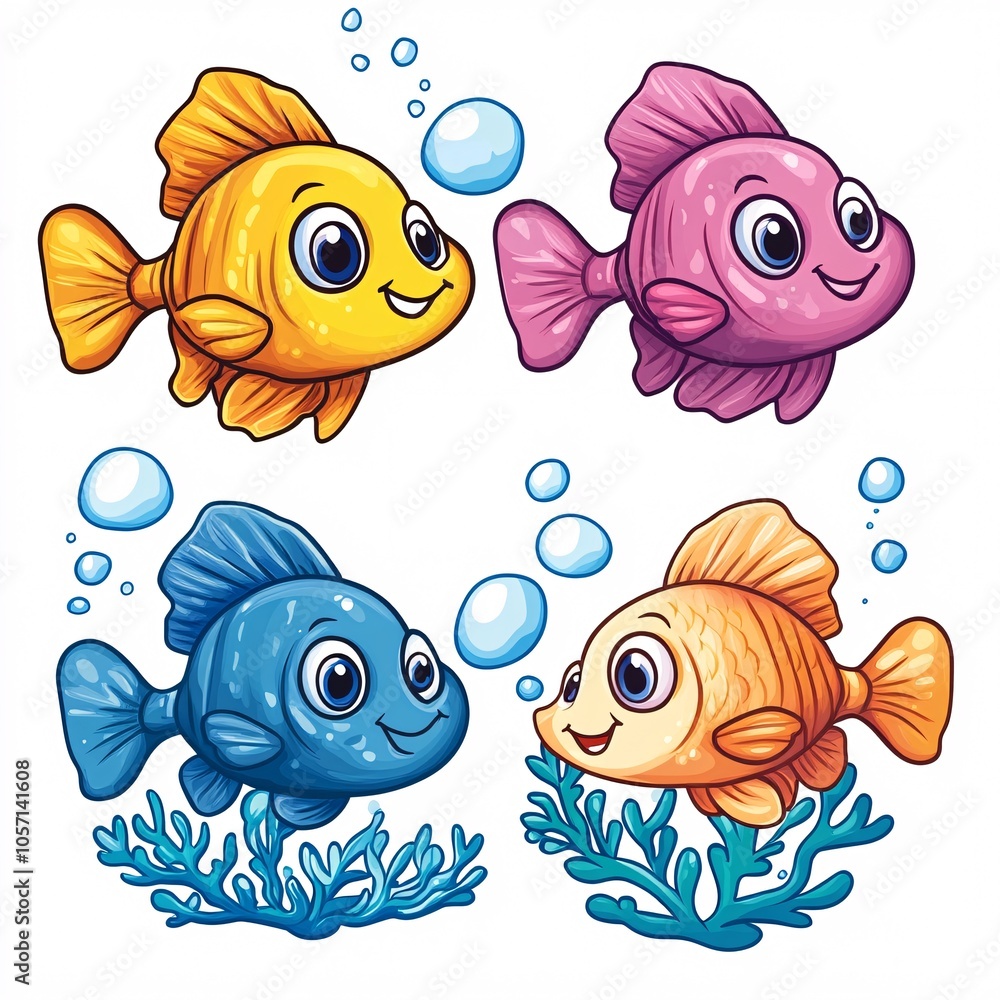 Cute cartoon fish swimming, on a white background, flat vector graphic ...