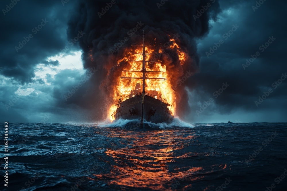 An epic visual of a ship burning fiercely against stormy waters and ...