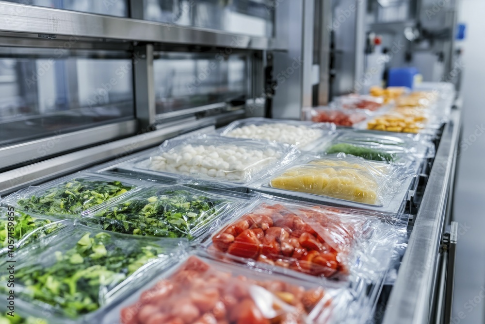 Frozen processed food in vacuum-sealed packaging, focus on long-term ...