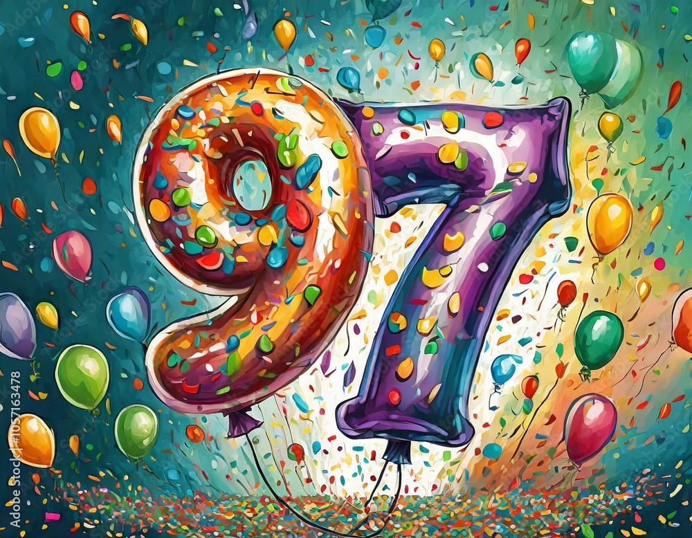 Birthday / anniversary balloon, number 97, colorful illustration with ...