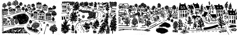 Hand drawn cozy cottage buildings. Countryside road and bushes. Small ...