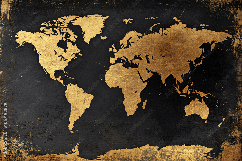 gold world map on black background with distressed texture giving a ...