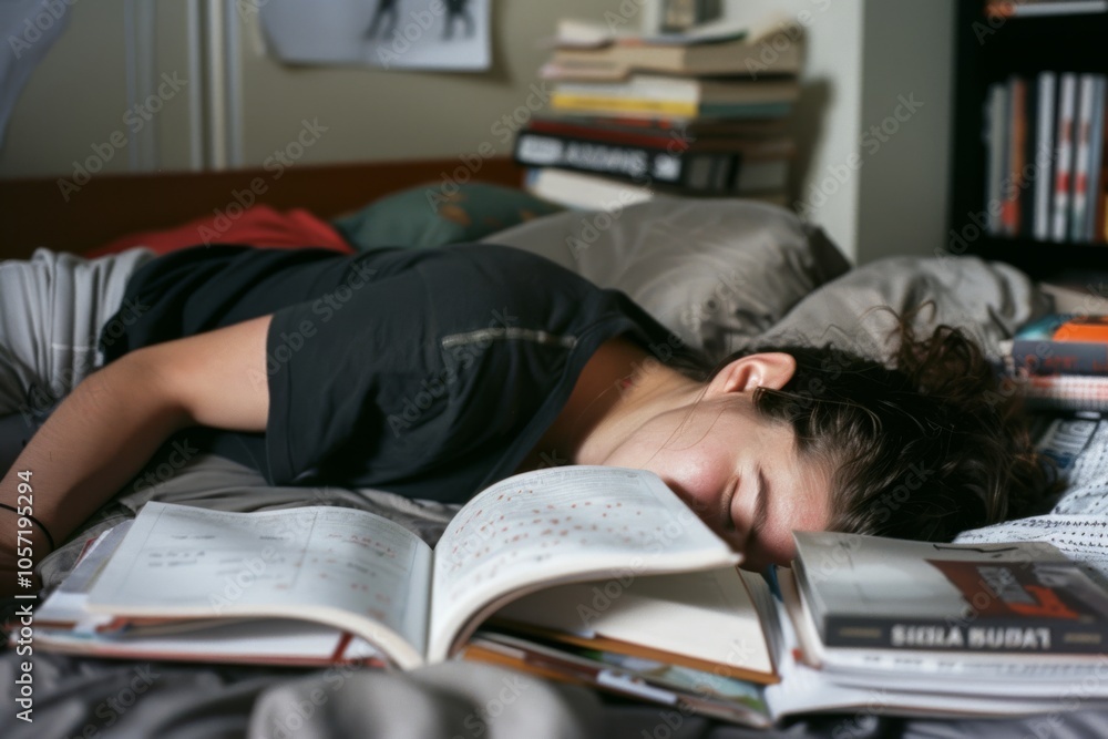 Exhausted student sleeps among open textbooks, face nestled in pages ...