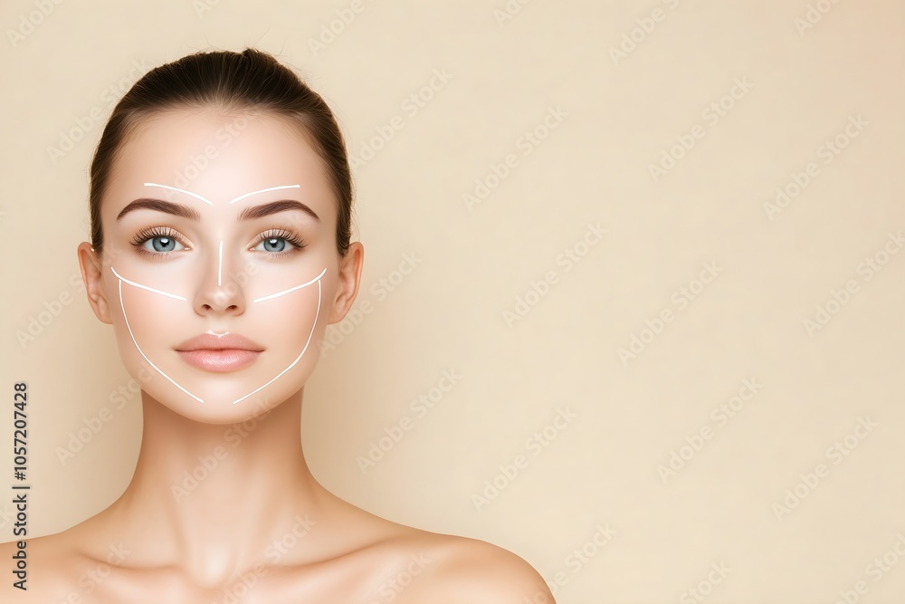 Side view of woman face with white lifting marks on light background ...
