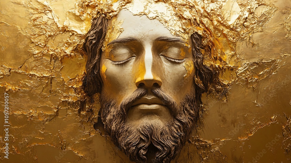 A modern, three-dimensional depiction of Jesus, using gold paint to ...