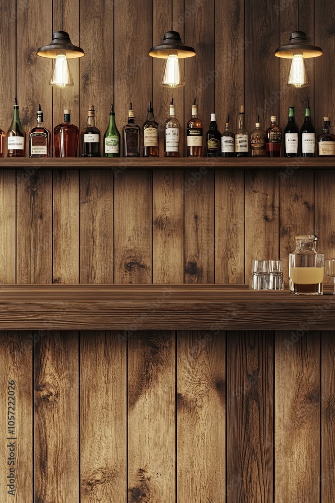 Empty wooden bar counter with pasted backdrop and restaurant bottles ...