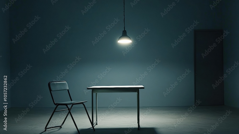 Dark interrogation room with a single light and a single simple chair ...