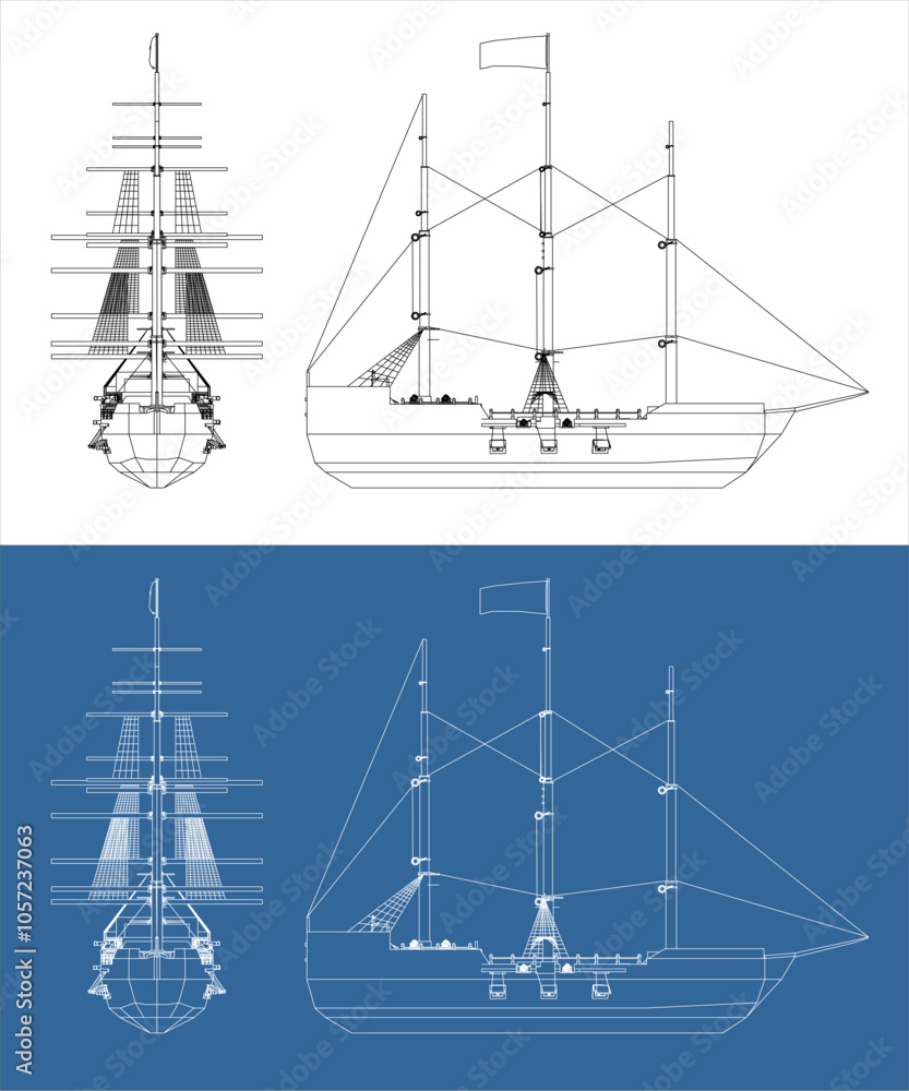 side view pirate ship line vector technical drawing blueprint isolated ...