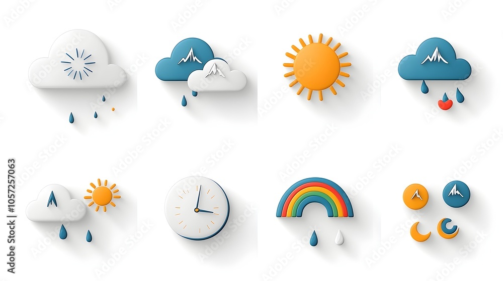 Dual colored weather icons featuring sleek graphics of rainbows clouds ...
