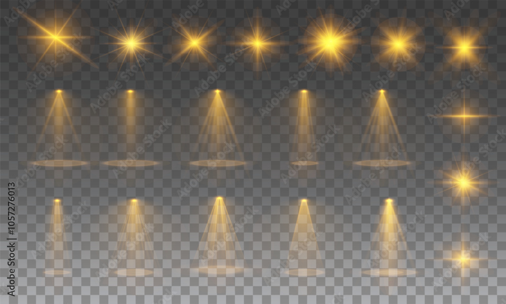 Yellow light effects. Beam from a spotlight and a star. Gold Shine ...