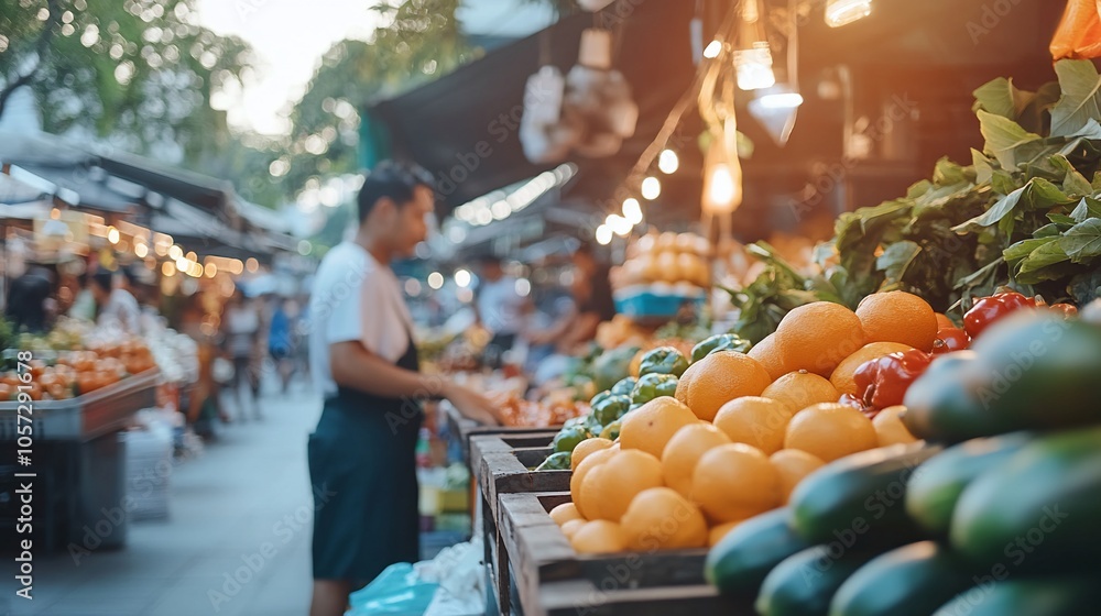 A bustling street market with fresh produce on display, a vendor attending to customers. Stock ...