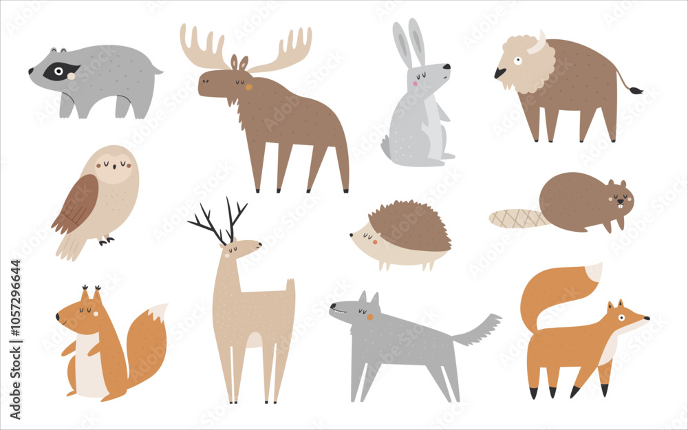 Adorable Set of Vector Animals. Cute Woodland Wildlife Illustration for ...