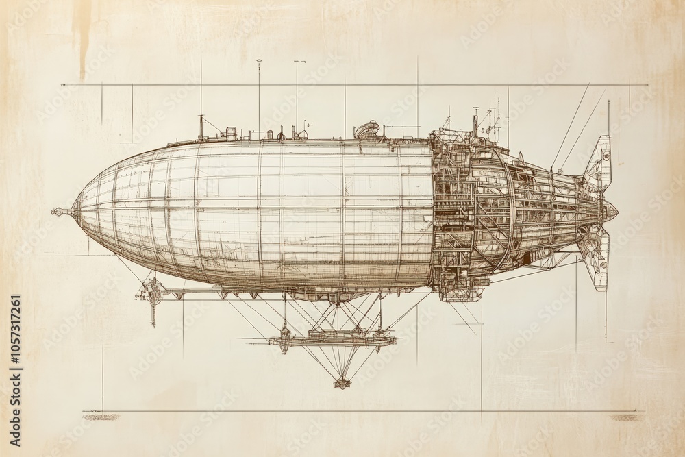 Vintage airship technical drawing with intricate details on parchment ...