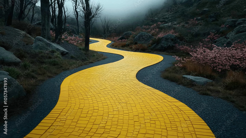 Curved yellow brick road winding through a misty forest landscape with ...