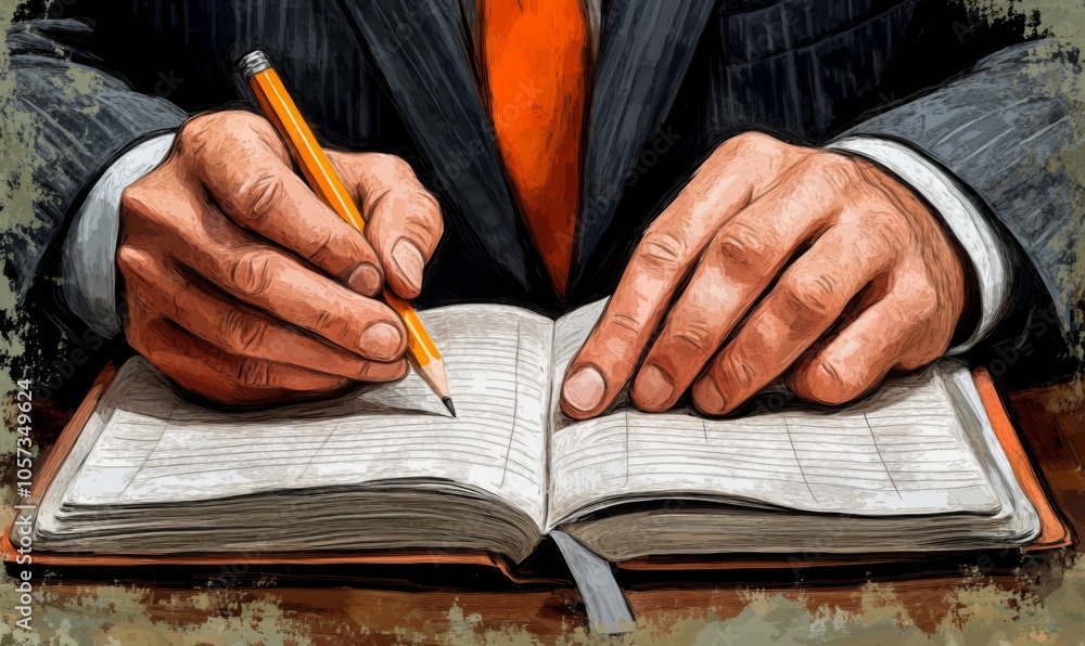 Vector illustration of a businessmans hands holding a pencil writing ...