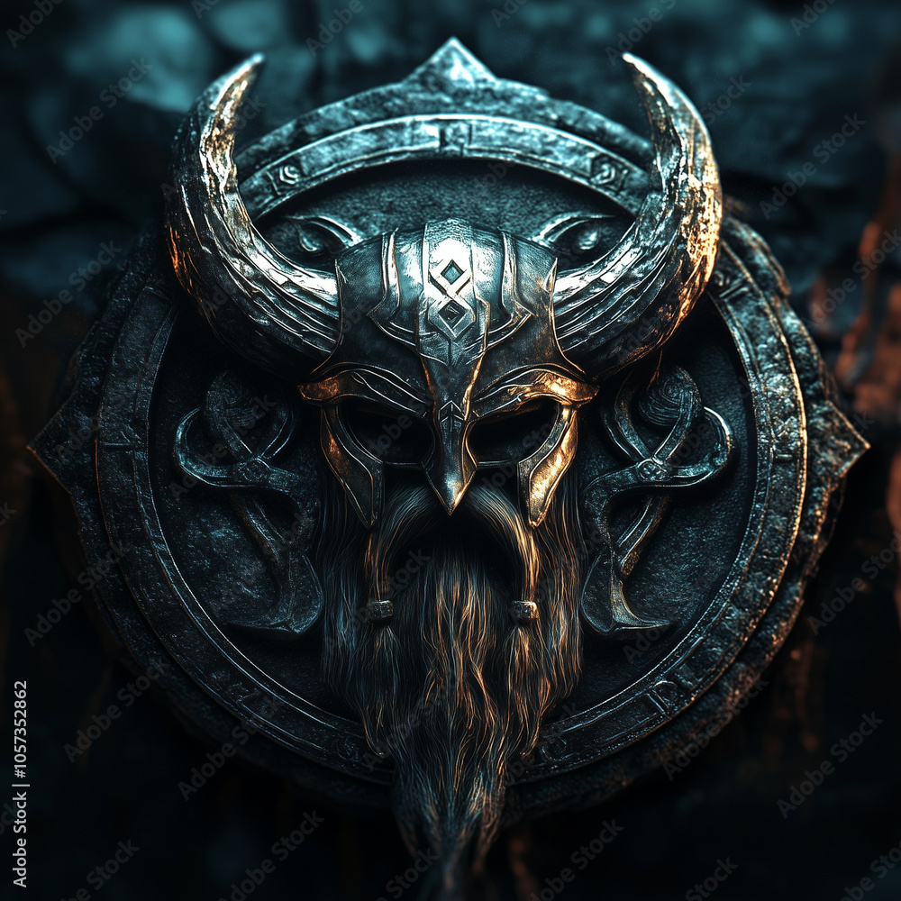A stylized logo depicts the face of a Viking with a horned helmet and ...