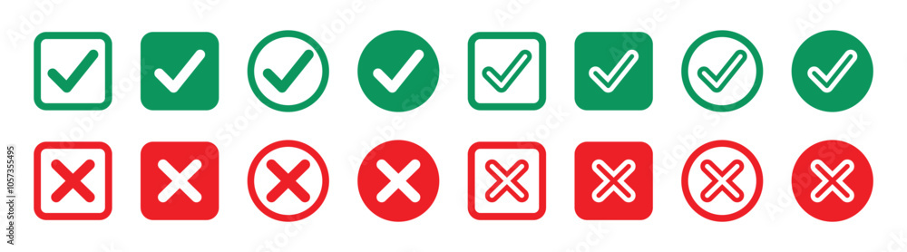 Set of green and red check box with yes and no sign. Modern label icons ...