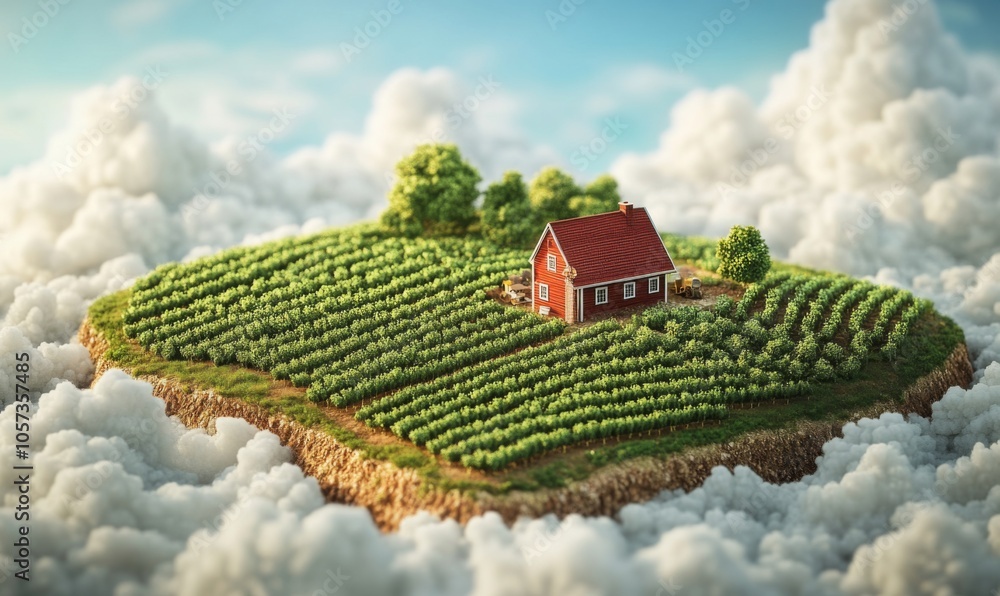 An isolated farm with crops on a cutaway piece of land is depicted, set ...