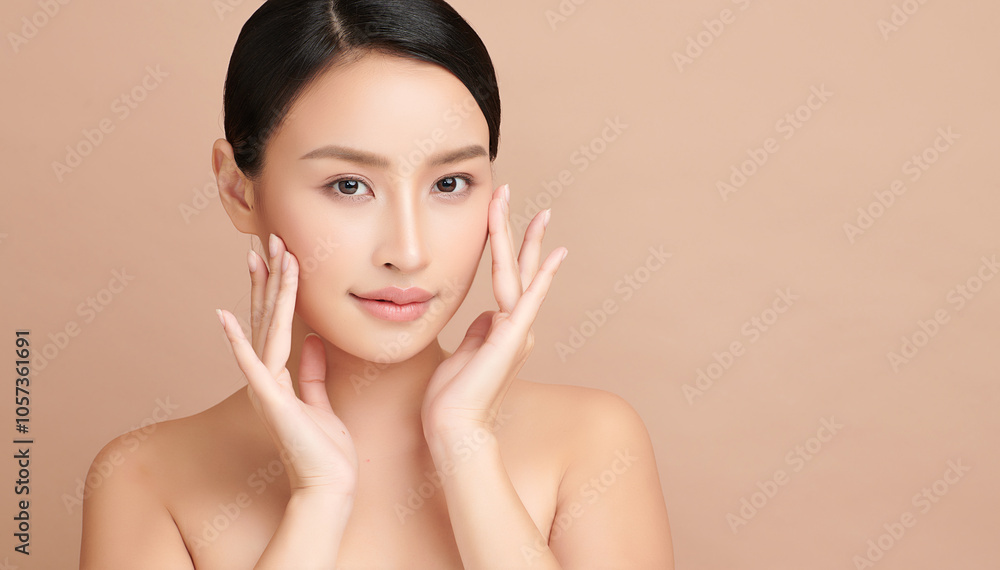 Beautiful young asian woman with clean fresh skin on beige background ...