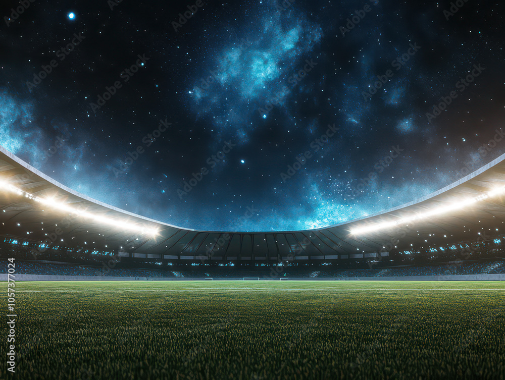 Illuminated stadium field under a starry night sky, showcasing the ...