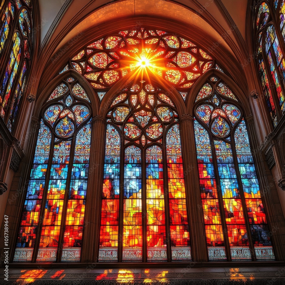 Stunning Cathedral Interior with Vibrant Stained Glass Windows Illuminating Warm Patterns of ...