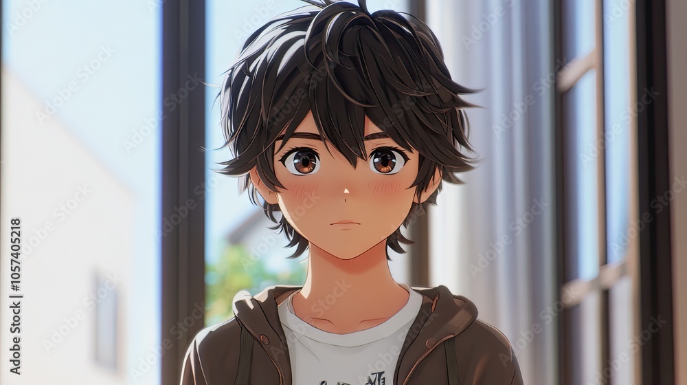 Young anime boy with a charming expression, styled hair, and subtle ...