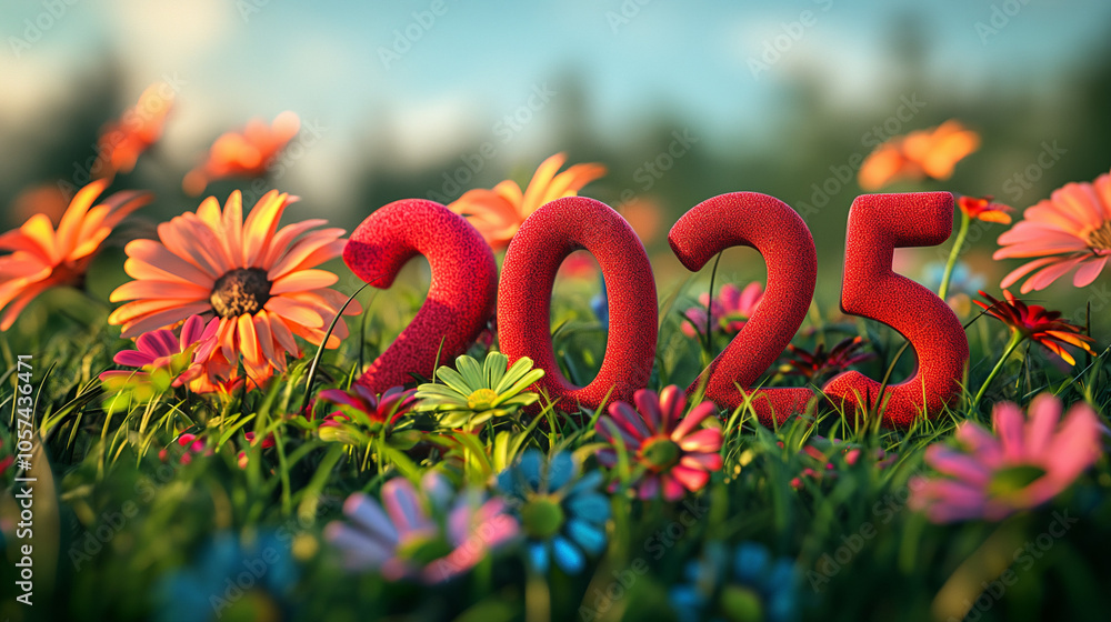 Red 2025 Numbers In Springtime Field. Happy New year 2025 concept with ...