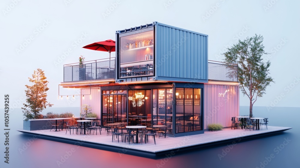 Isometric, minimal-style 3D render of a cafe and restaurant built from shipping containers ...