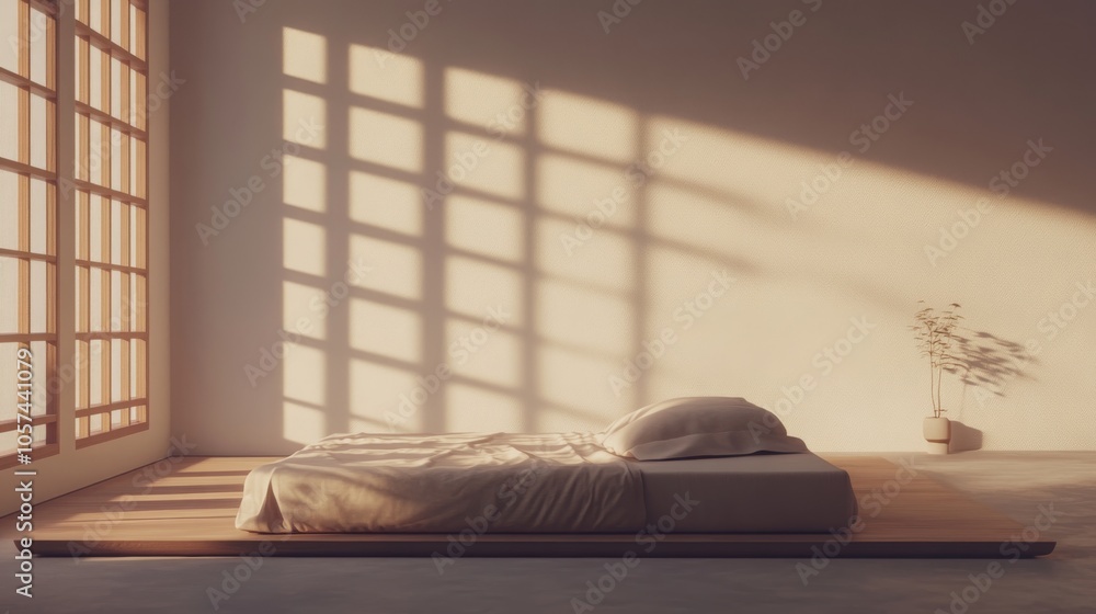 Minimalistic Muji-style 3D rendering of a bedroom interior with simple ...