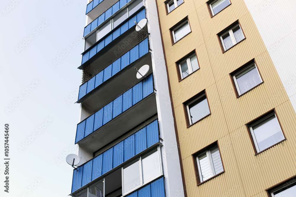 High block of flats background. Skyscraper living area in retro style ...
