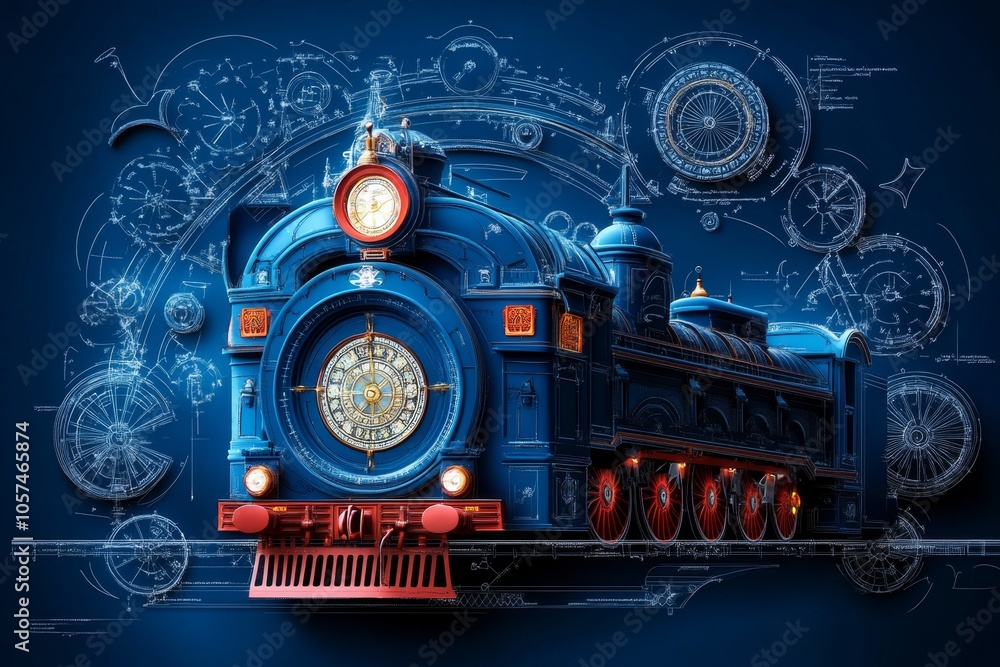 Retro blueprint of an old-fashioned train station with ornate details ...