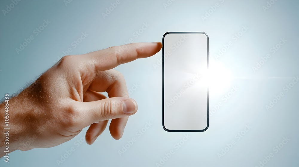 Minimalist mockup showing a hand gently tapping on a mobile screen with ...