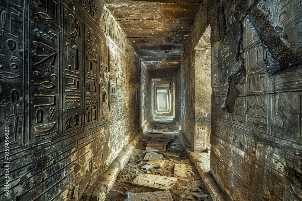 Long, narrow hallway with ancient Egyptian hieroglyphics on the walls ...