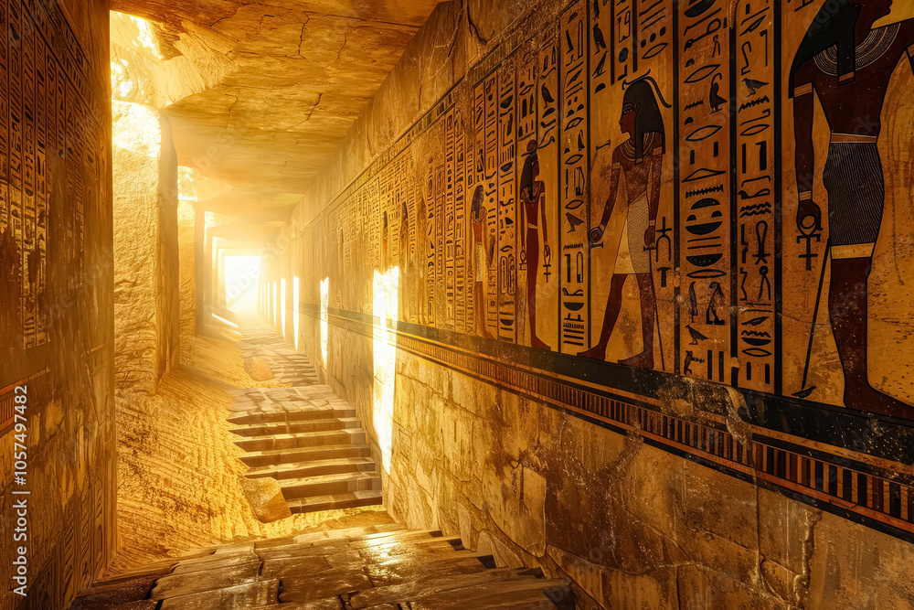 Long, narrow hallway with ancient Egyptian hieroglyphics on the walls ...