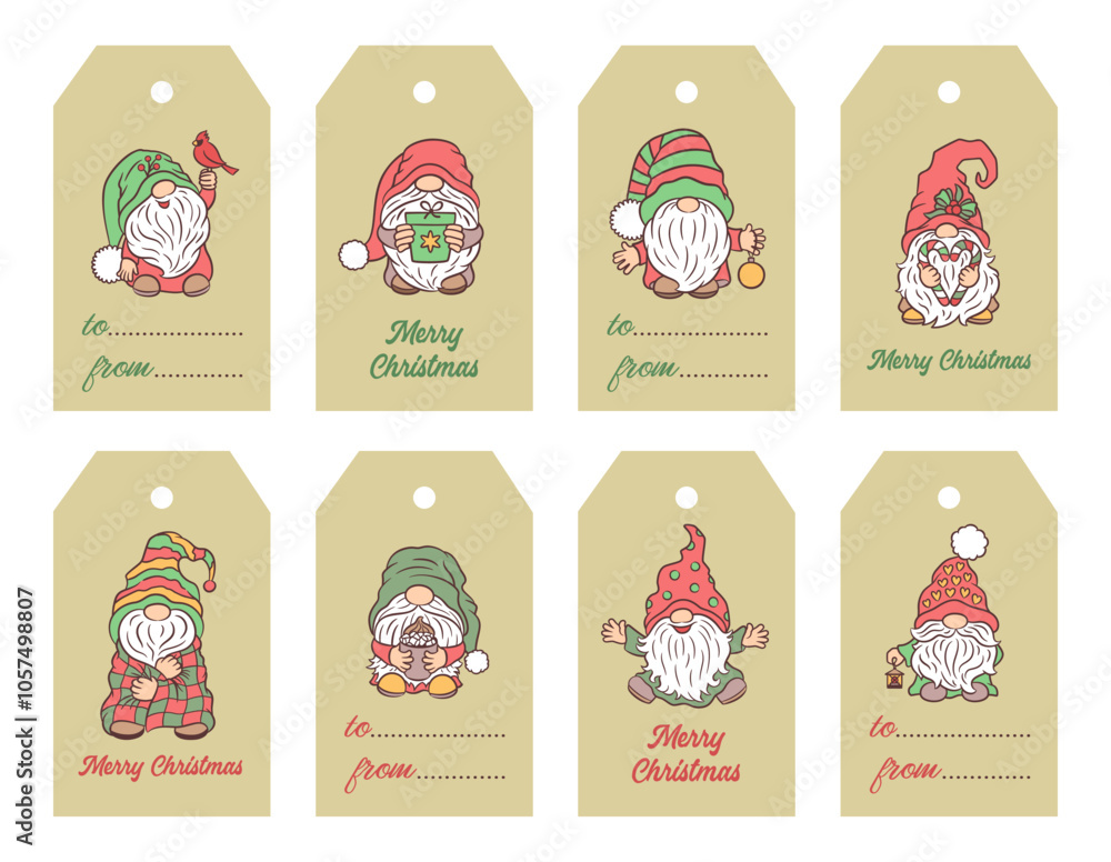 Christmas labels with cute cartoon gnomes. Winter gift tags collection ...