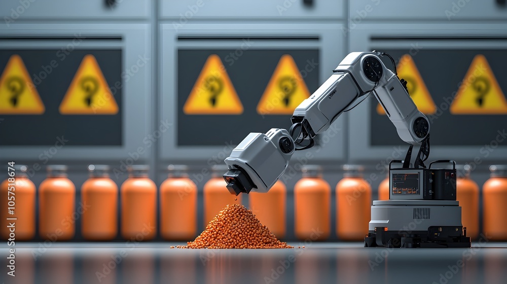 Robotic arm manipulating hazardous explosive materials in a controlled ...