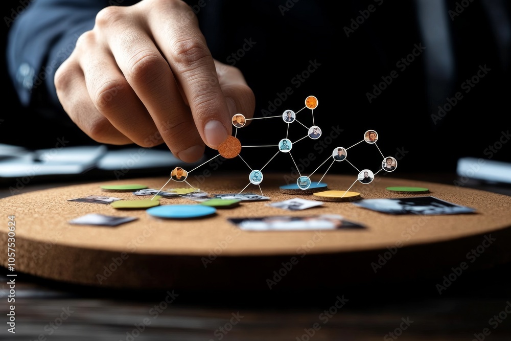 Detectives analyzing crime scene photos pinned to a corkboard, with ...